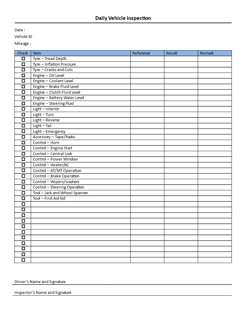 Download Vehicle Inspection Checklist Template Excel Pdf Rtf 