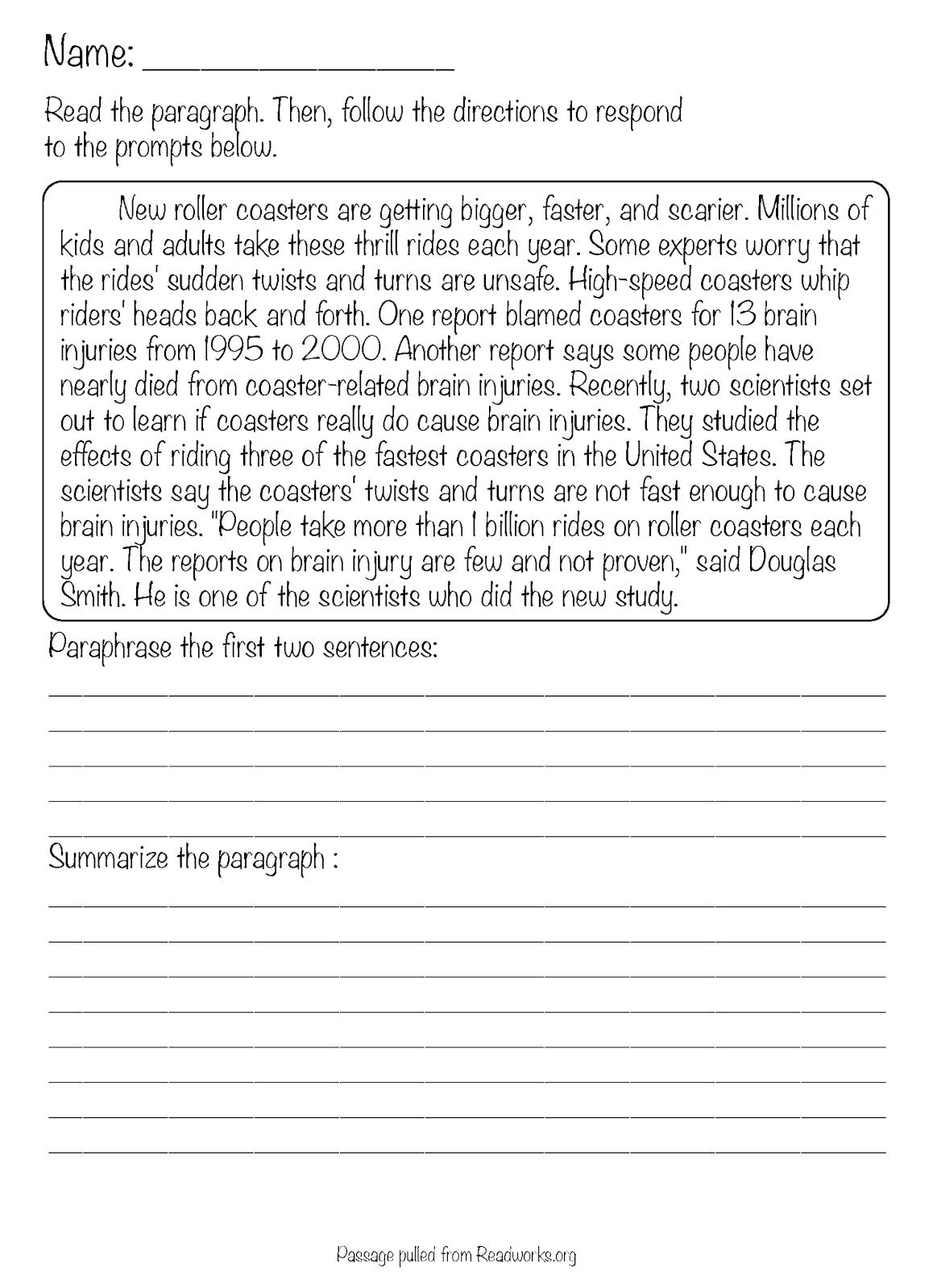 Reading Summary Worksheet