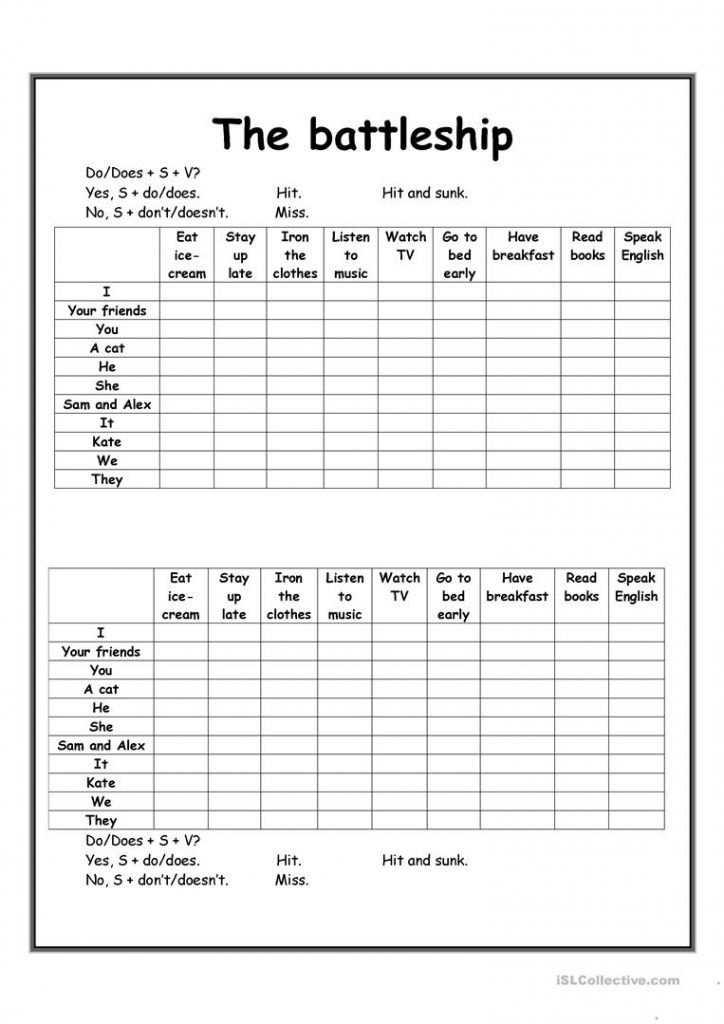 Present Simple The Battleship Worksheet Free Esl Printable Free Printable Battleship Game 