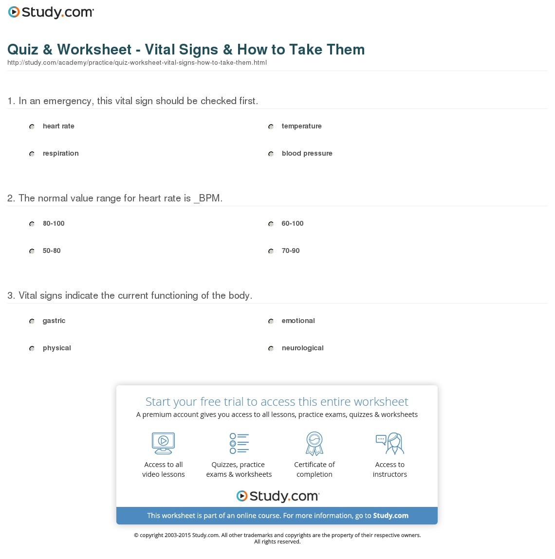 Quiz Worksheet Vital Signs How To Take Them Study Free 