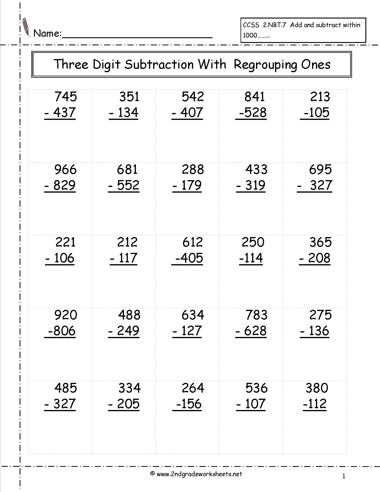 3 Digit Subtraction Practice Sheets