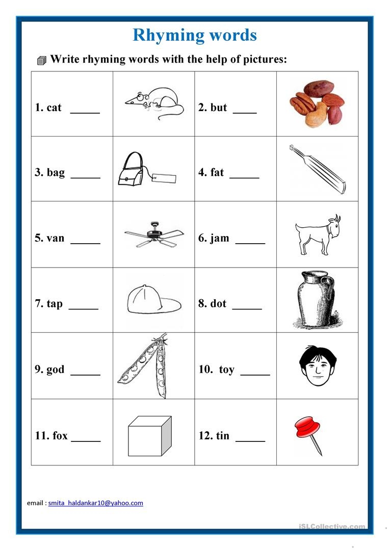 Rhyming Words For Kindergarten Printable