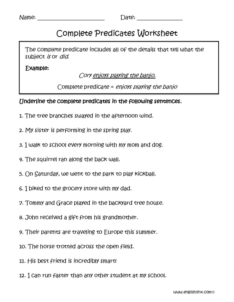 Complete Predicates Worksheet Englishlinx Board Subject Free
