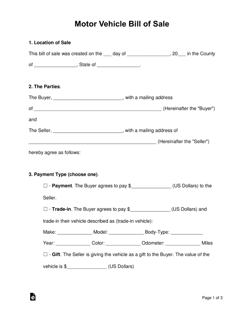 Free Printable Blank Auto Bill Of Sale Free Printable