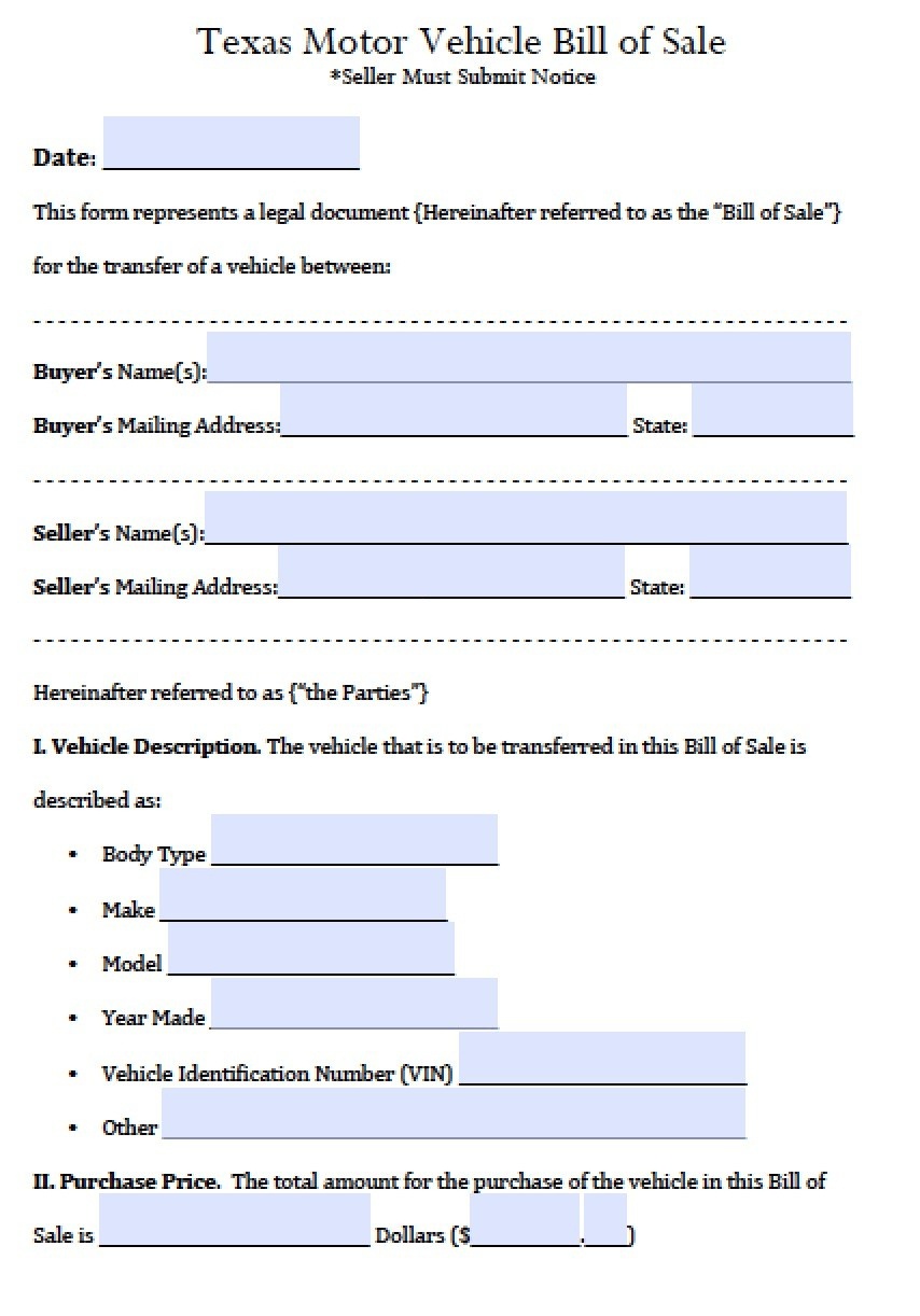 Free Texas Motor Vehicle Bill Of Sale Form Pdf Word Doc Free Texas Dmv Bill Of Sale Form For 