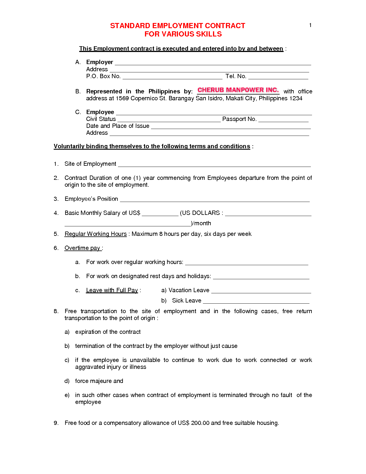 Printable Sample Employment Contract Sample Form Laywers Template