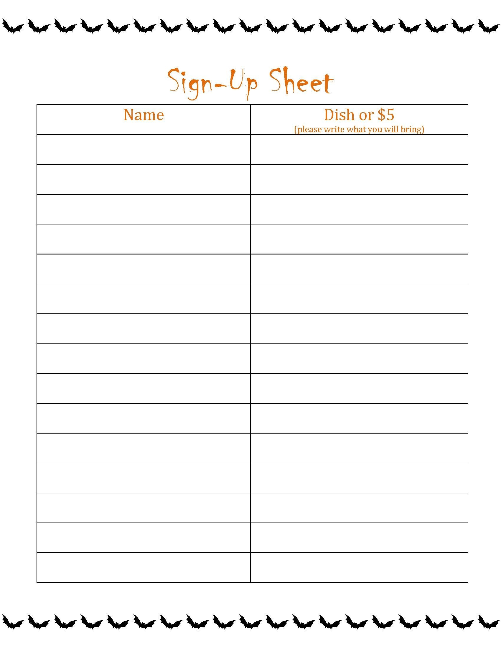 Printable Potluck Sign Up Sheet